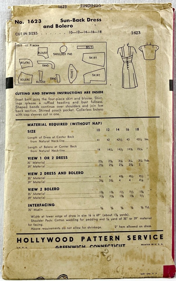 1940s Hollywood Sewing Pattern 1623 Womens Sun-back Dress & Bolero Size ...