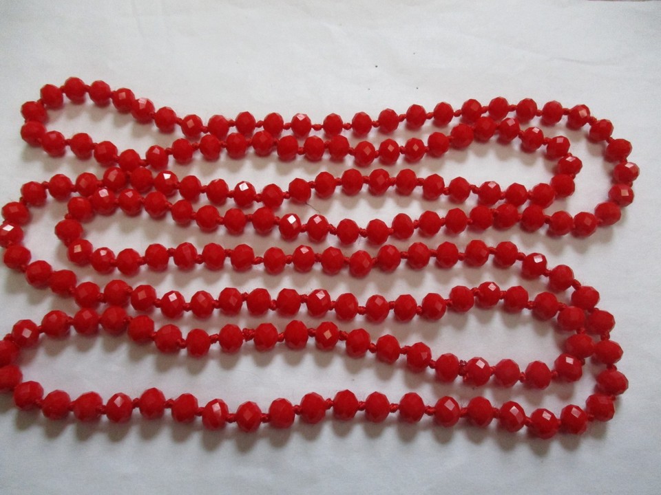 Antique Continues 60 Inch Long Hand Knotted Red Crystal Glass Beaded ...