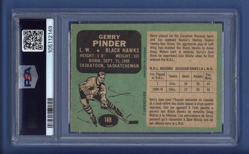 1970-71 OPC #148 Gerry Pinder (rc) PSA 9 Mint Chicago Blackhawks *Pop ...