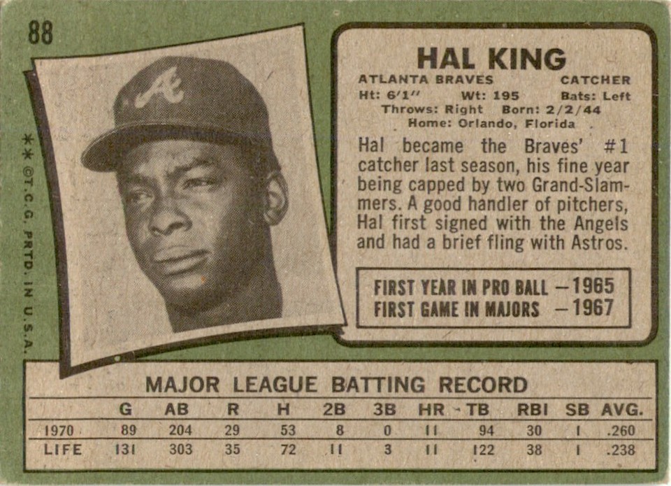 1971 TOPPS HAL KING ATLANTA BRAVES #88 VG/EX | eBay