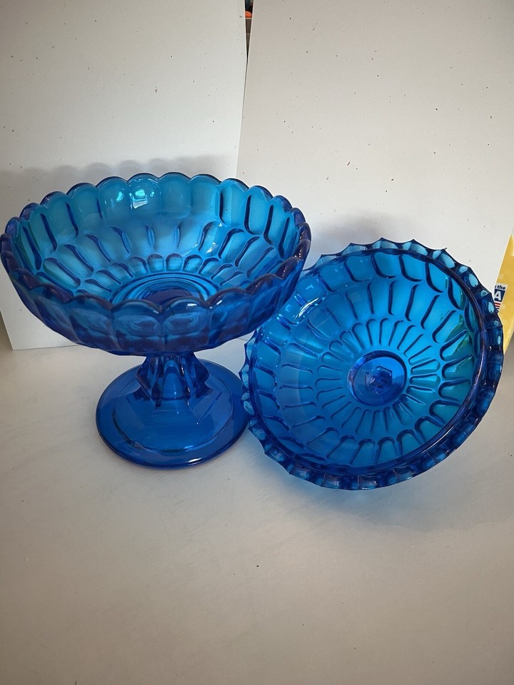 Fenton Colonial Blue Glass Thumbprint (Argus) Compote with Lid Flint ...