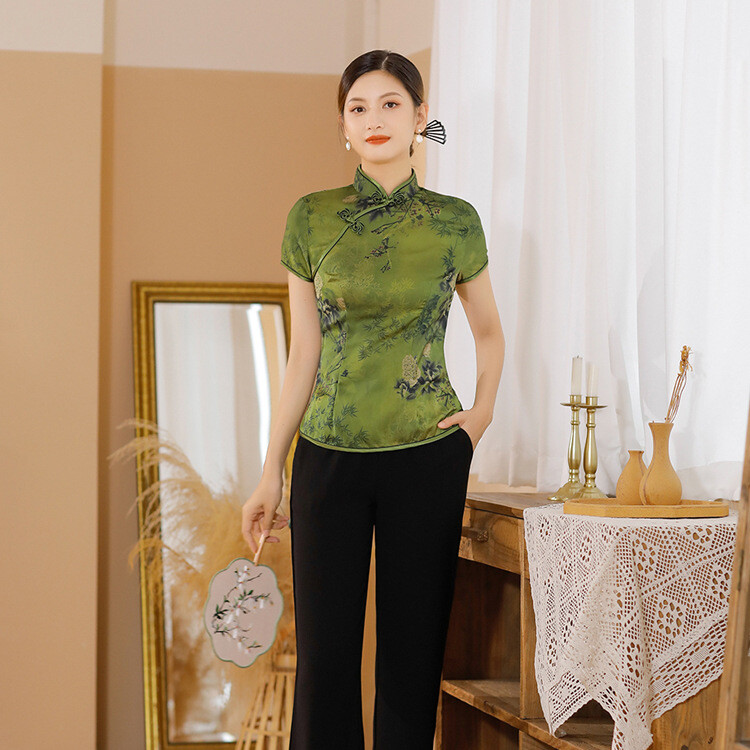 Chinese Traditional Silk Shirt Women Summer Tops Lady Slim High Neck ...