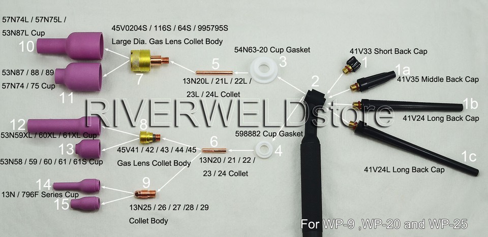RIVERWELD TIG Collet Body 13N28 3/32" & 2.4mm SR WP 9 20 25 Welding ...