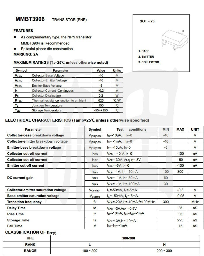 100PCS MMBT3906 2N3906 2A PMBT3906 W2A 0.2A 40V PNP SOT-23 transistor ...