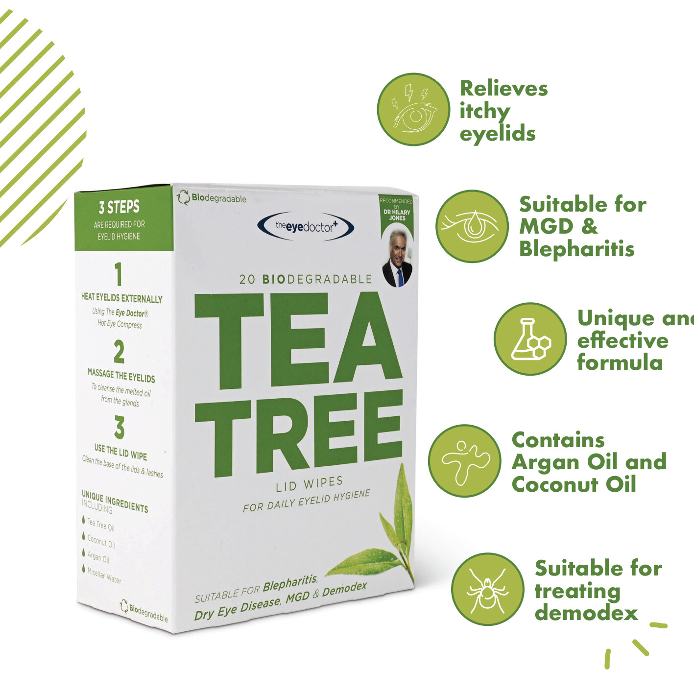 20 Tea Tree Eyelid Wipes Biodegradable Dry Sensitive Eye MGD Demodex ...