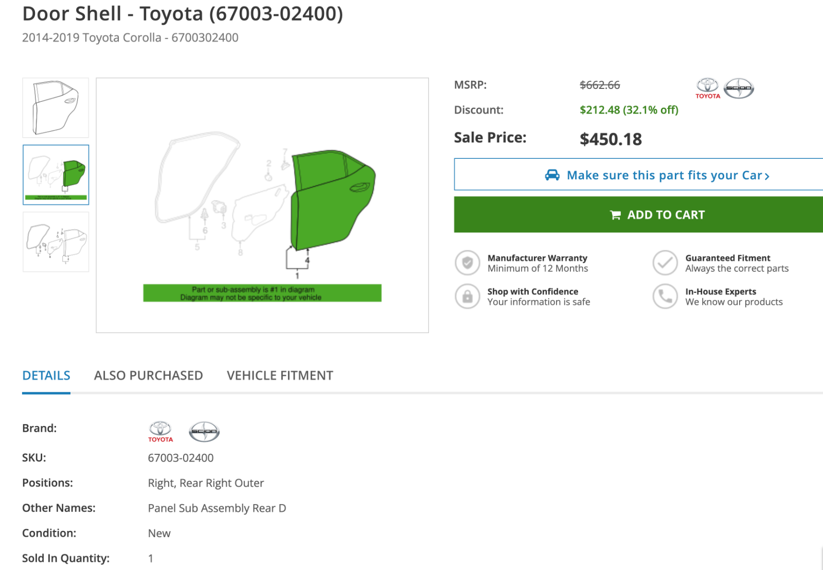 Fits 2014-2019 Toyota Corolla Rear Right Passenger Door Shell ...