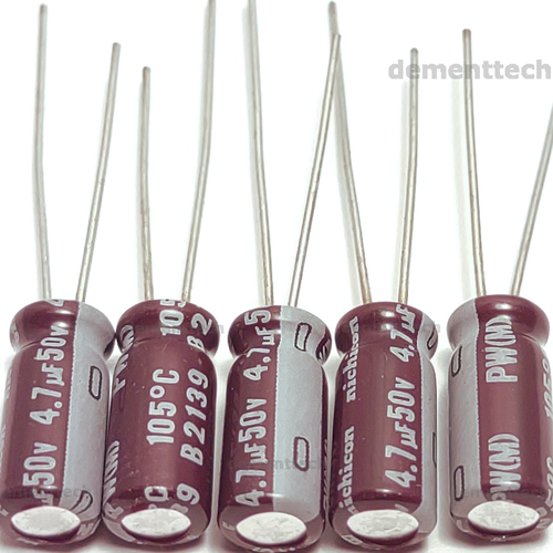 5pcs - 4.7uF 50V Nichicon PW 105C radial capacitors caps (replaces 25V ...