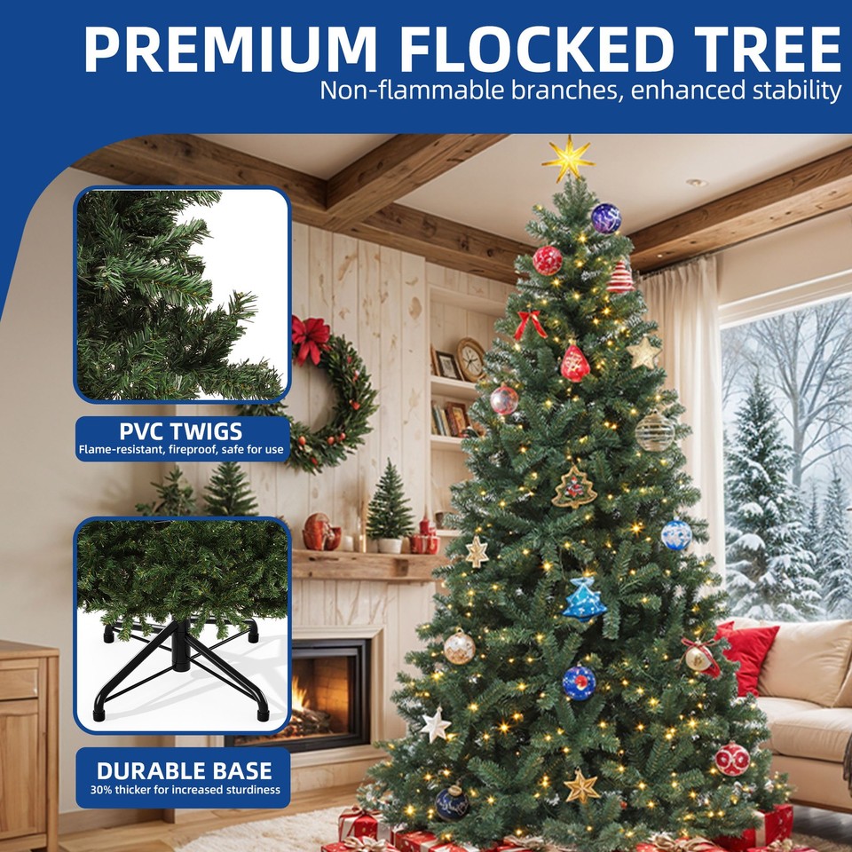 7.5ft Green Pre-Lit Spruce Artificial Hinged Christmas Tree w/ 1450 ...