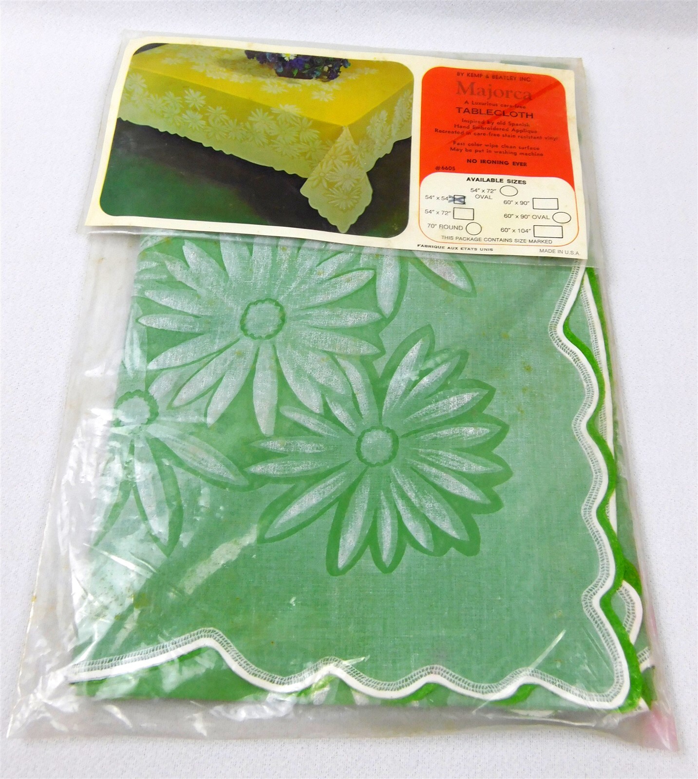 Vtg Green Floral Daisy Kemp & Beatley Majorca Tablecloth 54" Square NOS ...
