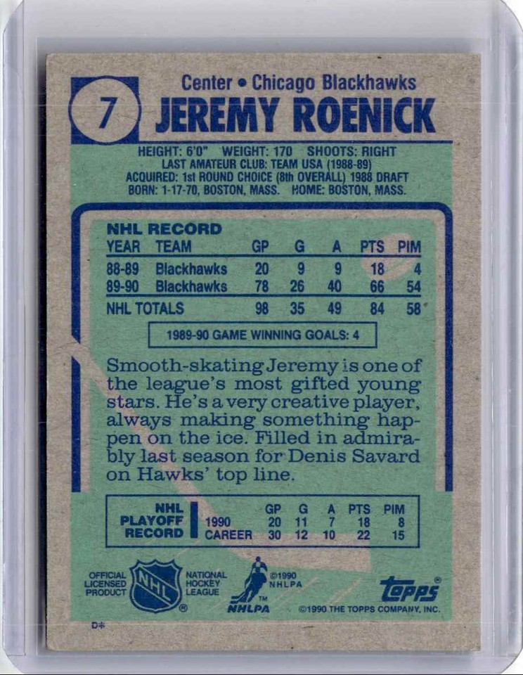 1990-91 Topps Jeremy Roenick Rookie A Chicago Blackhawks #7 | eBay