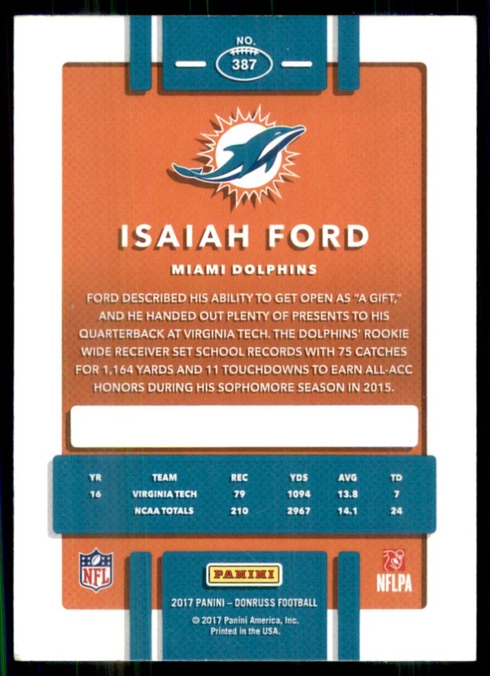 2017 Donruss Isaiah Ford Rookie Miami Dolphins #387 | eBay