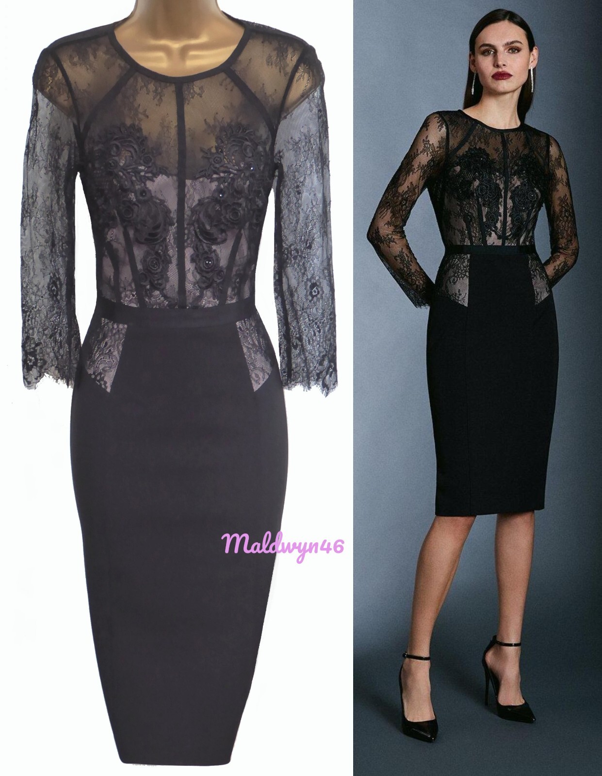 KAREN MILLEN STUNNING BEADED BLACK LACE SHEER TOP C… - Gem