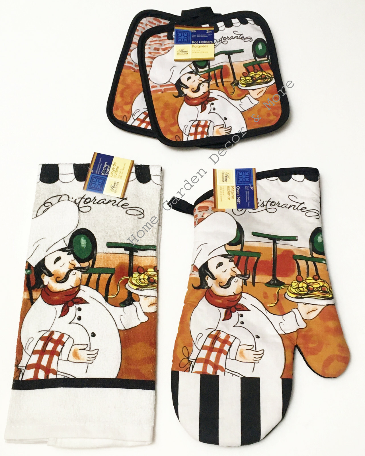 4 PIECE SET Kitchen Towel Oven Mitt Pot Holders Italian Chef Black ...