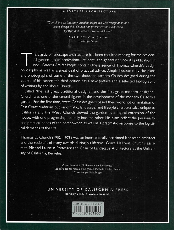 GARDENS ARE FOR PEOPLE: By Thomas D Church 1995 1st Paperback Third ...