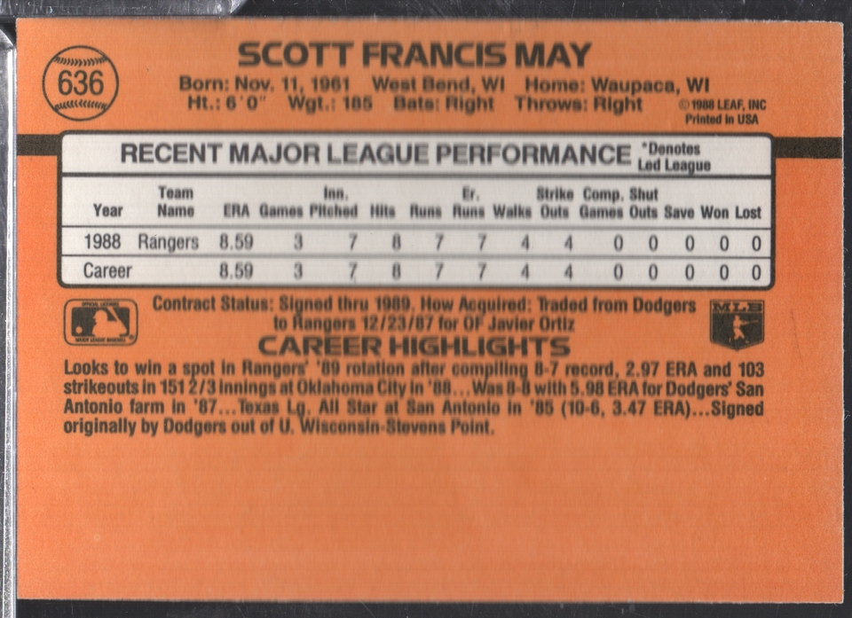 Scott May Rangers Autographed 1988 Leaf Donruss #636 w/COA ...