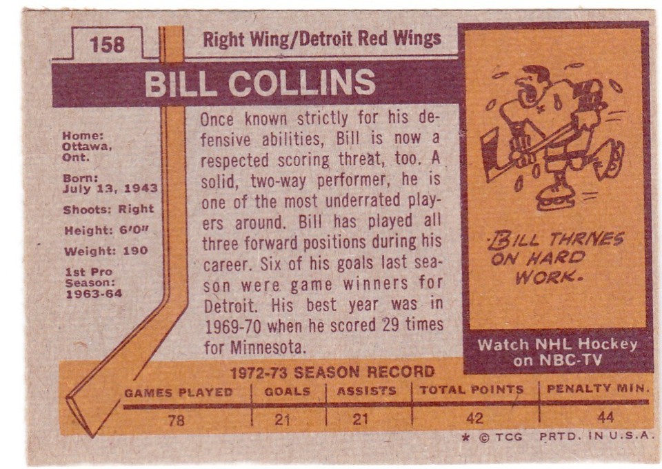 73/74 TOPPS..BILL COLLINS..CARD # 158..RED WINGS..FREE COMBINED SHIP | eBay