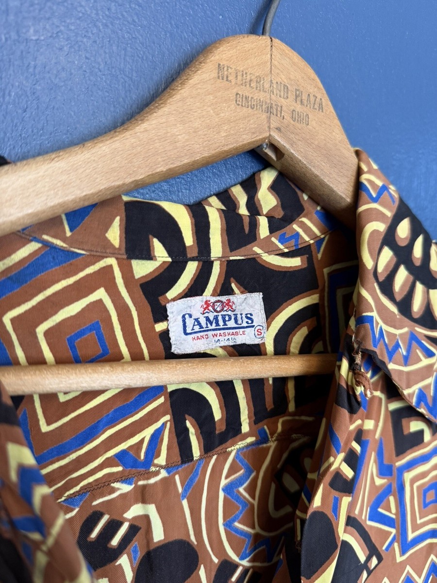 Vintage 50's Campus Souvenir Print Button Up Rayon Shirt Vintage 50's Campus Souvenir Print Button Up Rayon Shirt