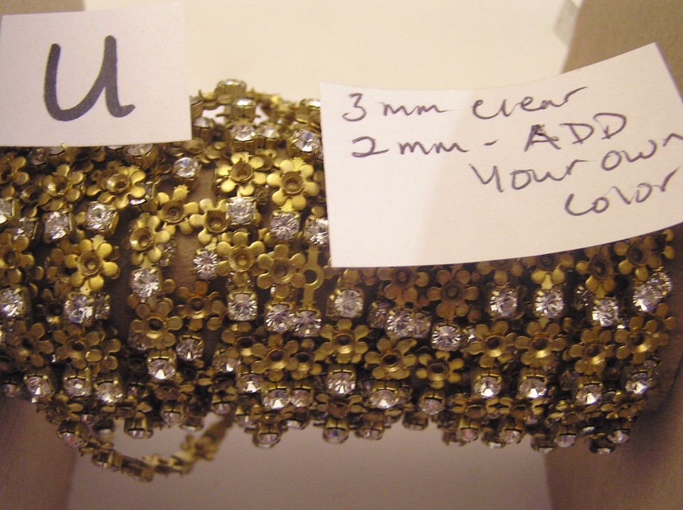 Foot Vtg RARE 6mm Flower Rhinestone Swarovski Crystal Brass Chain Craft ...