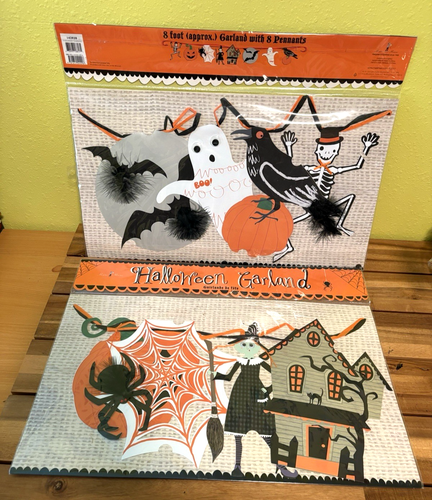 TWO Meri Meri Halloween 8' Garland w/Lg Pennants Skeleton Witch Ghost ...