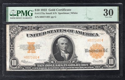 FR. 1173a 1922 $10 TEN DOLLARS GOLD CERTIFICATE CURRENCY NOTE PMG VERY ...