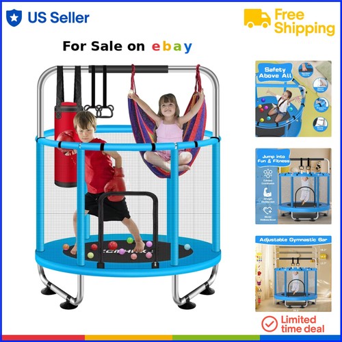 Kids Trampoline Nylon with Enclosure 55in Capacity Indoor Outdoor ...