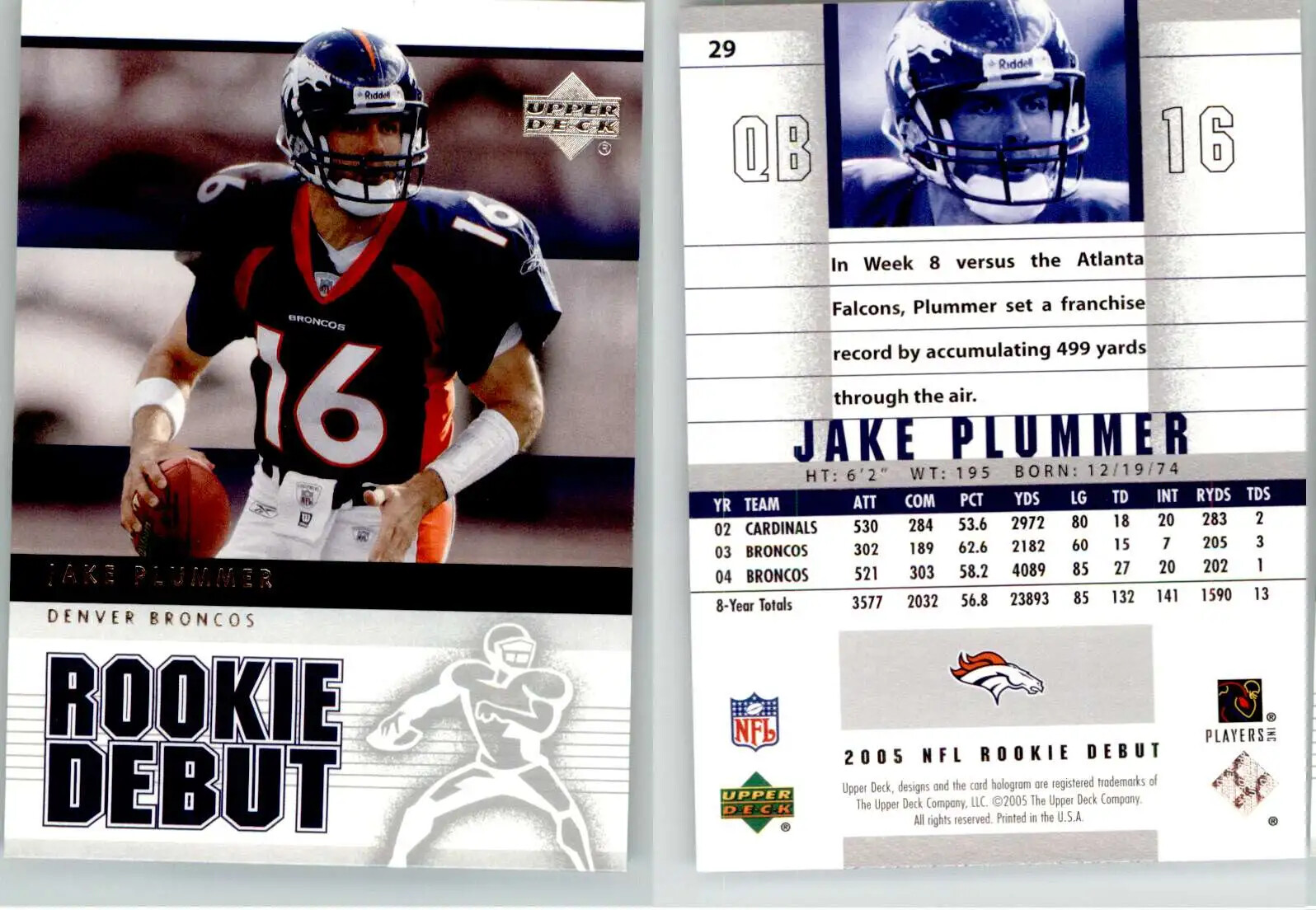 Jake Plummer 2005 Upper Deck Rookie Debut #29 Broncos | eBay