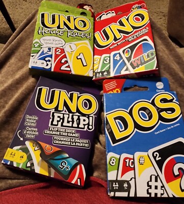 Set Of 4. Mattel UNO Flip , Uno Dos, Uno House Rules, Uno Custom | eBay