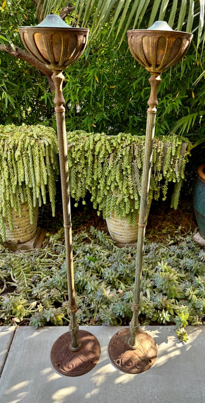 Vintage Pair of Tall 60" Garden Cast Iron Metal Copper Torchiere Floor ...
