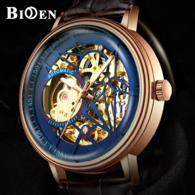 BIDEN Automatic Mechanical Skeleton Self Wind Men's Wristwatch Brown ...