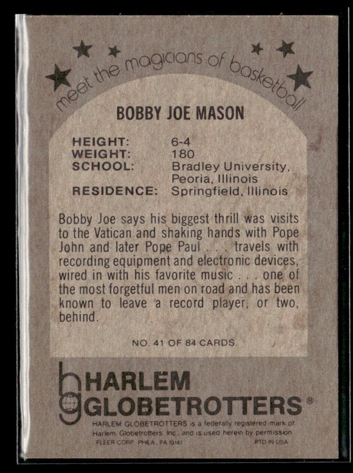 1971 Fleer Harlem Globetrotters #41 Bobby Joe Mason Nm/M | eBay