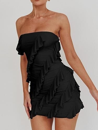 HOCILLE Women's Sexy Strapless Tube Top Bodycon Sleeveless Ruffle Mini ...