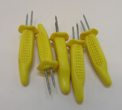 Set 5 Vintage Yellow Plastic Handle Corn Cob Stainless Skewers Holders ...