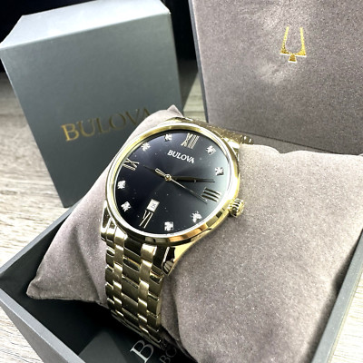 NEW Bulova Classic Gold Tone Diamond Dial Men's Watch 40mm 97D108 | eBay