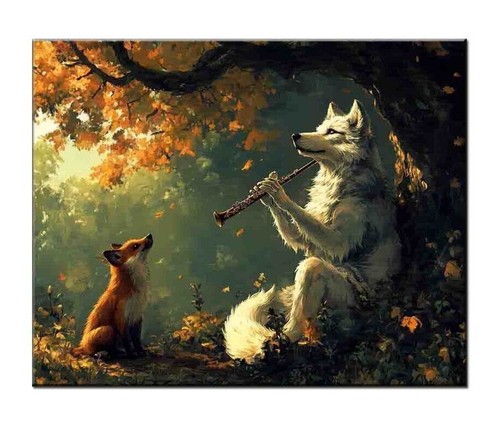 Wolf Playing Flute for a Fox Under an Oak Tree Art Print,Autumn Forest ...