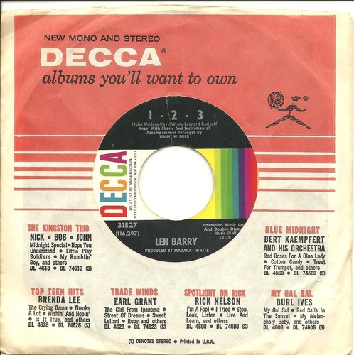 Len Barry-1-2-3/Bullseye-45 RPM-7"-rock-vinyl-record-Decca 31827-1965 ...