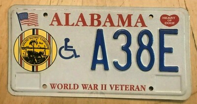 ALABAMA DISABLED WORLD WAR II VETERAN LICENSE PLATE " A 38 E " AL ...