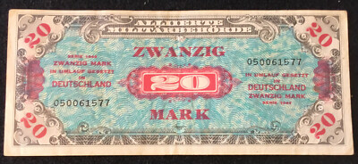 1944 German 20 Mark Banknote Allied Occupation Allierte Militarbehorde ...
