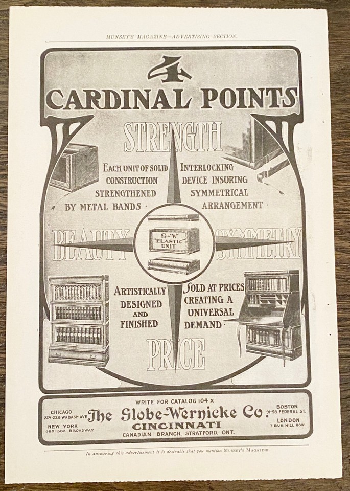 1904 GLOBE-WERNICKE Vtg Print Ad~4 Cardinal Points Library Bookcase ...