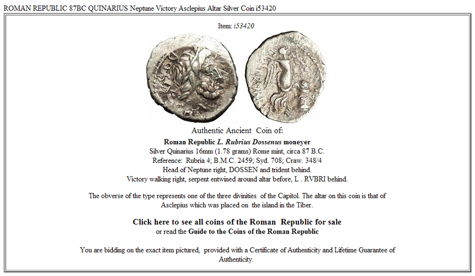 ROMAN REPUBLIC 87BC QUINARIUS Neptune Victory Asclepius Altar Silver ...