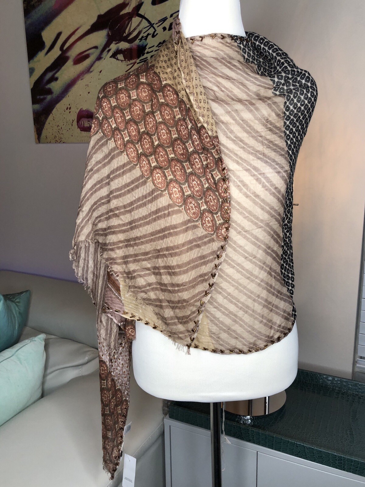 Ann Taylor Loft Scarf Wrap Shawl Beaded Gauzy Bohemian Hippie 64” Long ...
