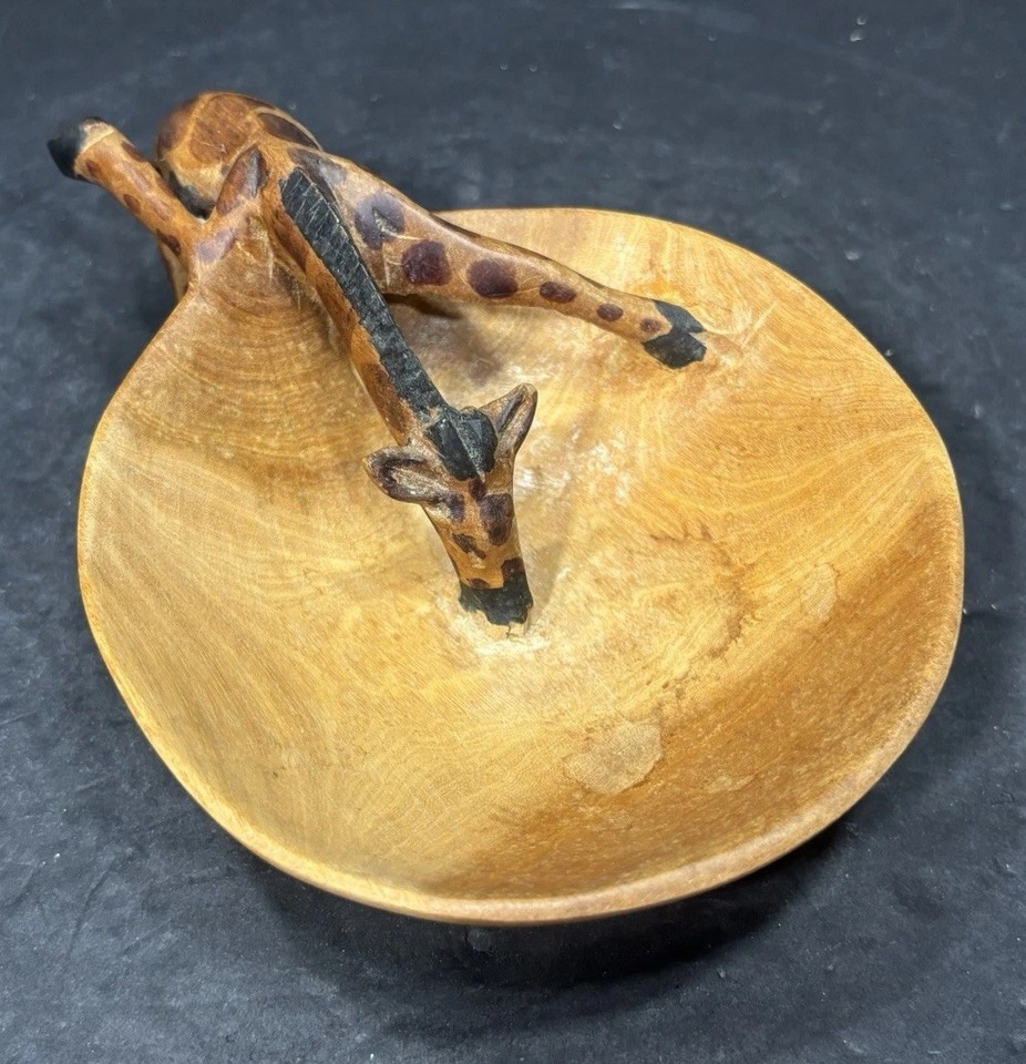 Giraffe Hand Carved Wood Bowl Giraffe Drinking Trinket Dish Art Piece ...