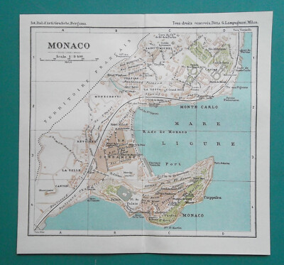 MONACO City Plan French Riviera Monte Carlo - 1908 Map 7 x 7" (17 x 17 ...