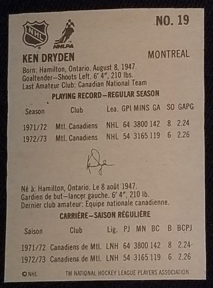 1974/75 - KEN DRYDEN - NHL - MONTREAL CANADIENS - LIPTON SOUP - HOCKEY ...