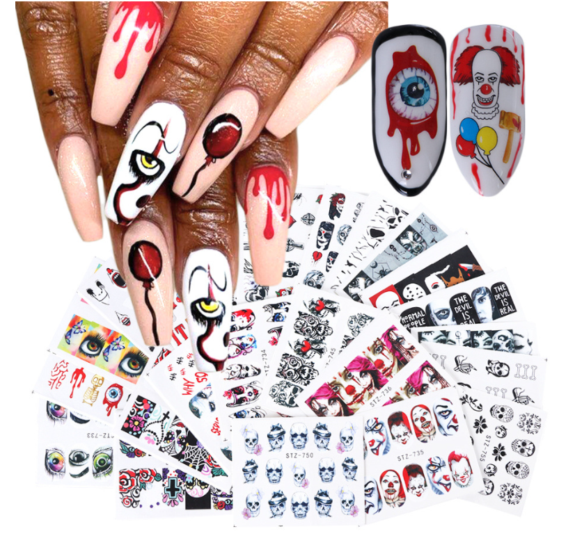 25 Sheets Nail Art Water Decals Halloween Pumpkins Skull Freaky Scary ...