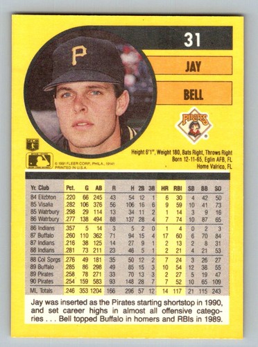 Jay Bell Shortstop Pittsburgh Pirates Fleer 1991 Card 31 Baseball | eBay