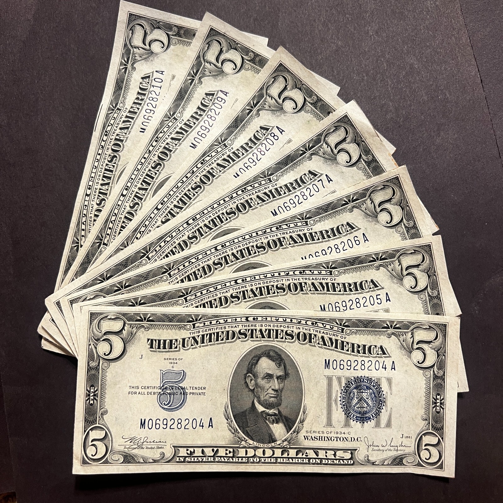 1934 Five Dollar Blue Seal $5 UNC CU From Pack Consecutive Uncirculated ...