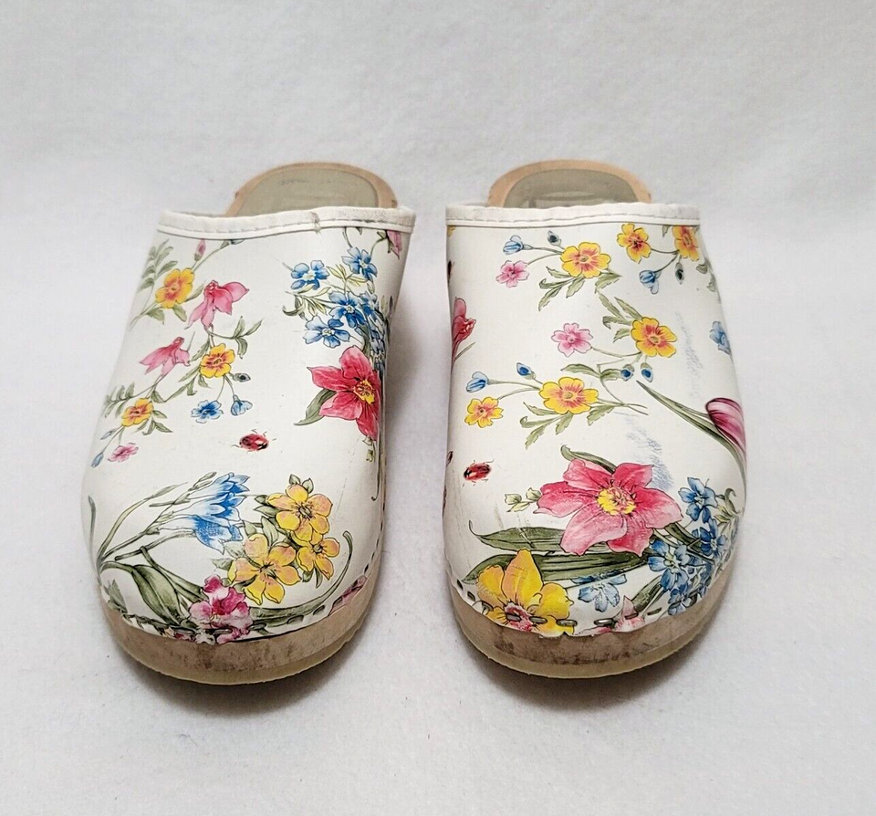 DALA CLOGS White & Multicolor Floral Leather Slip-On Swedish Clogs Size ...
