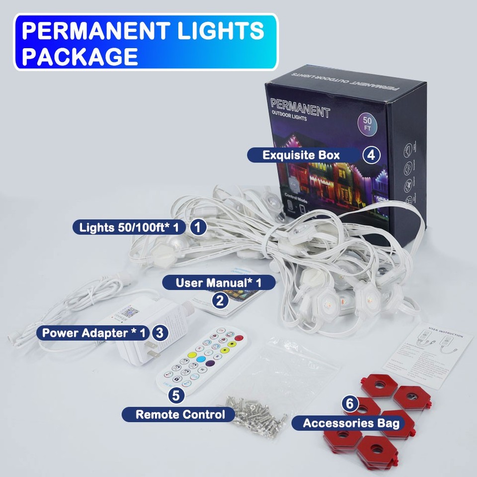 50FT Permanent Outdoor RGB Lights IP67 Waterproof LED Eaves Light w ...