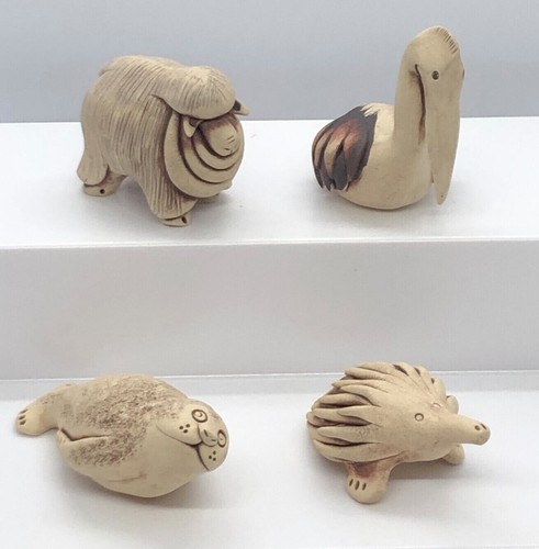 Handmade Clay Pottery of 4 Figurines : Ewe, Pelican, Seal, Echidna ...