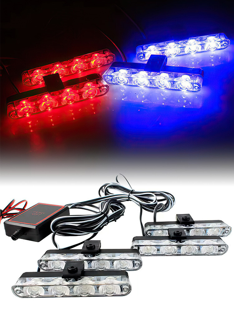 16 LED Red & Blue Police Strobe Flash Light Dash Warning Lamp+ Remote ...